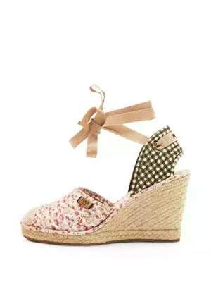 Fendi Floral Gingham Wedge Sandals - White