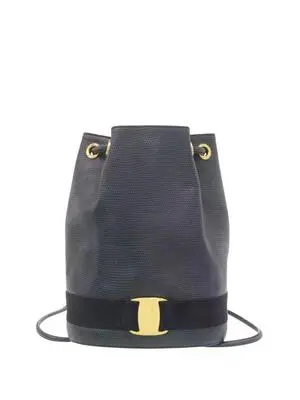 FERRAGAMO 1990-2000 Lizard Embossed Leather Vara Bow Drawstring Backpack - Blue