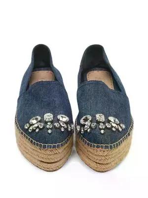 Miu Miu Crystal Embellished Denim Espadrille Platform Wedge Shoes