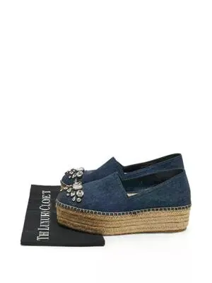 Miu Miu Crystal Embellished Denim Espadrille Platform Wedge Shoes