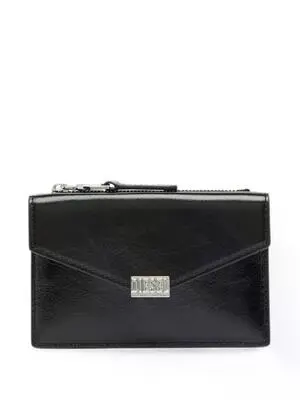 DIESEL® Envelope-style Card Holder In Shiny Wrinkled Leather - Black