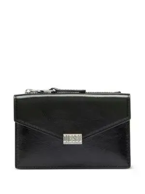 DIESEL® Envelope-style Card Holder In Shiny Wrinkled Leather - Black