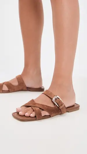 STUART WEITZMAN Sai Suede Slides With Gold-tone Buckle