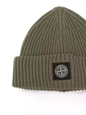 Stone Island Logo Patch Ribbed Beanie - Green