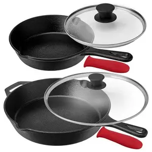 MEGACHEF Pre-seasoned 6 Piece Cast Iron Skillet Set With Lids And Silicone Holders - Black