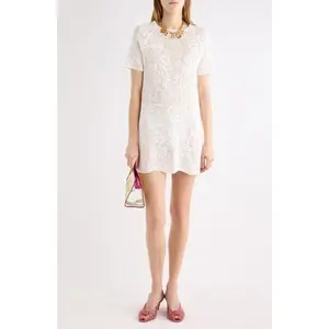Chloé Short Sleeve Floral Pointelle Stitch Cotton Minidress