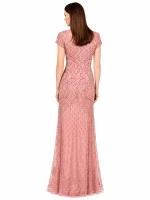 LARA NEW YORK Embellished V-neck Cap Sleeve Gown - Rose