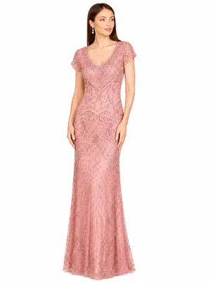 LARA NEW YORK Embellished V-neck Cap Sleeve Gown - Rose