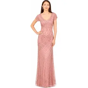 LARA NEW YORK Embellished V-neck Cap Sleeve Gown - Rose