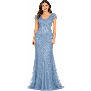 LARA NEW YORK Beaded Cap Sleeve Gown With V-neckline Slate