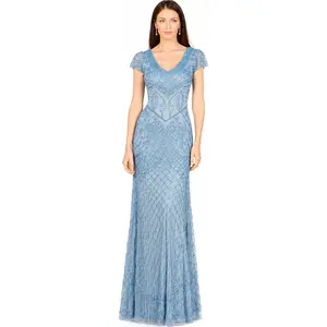 LARA NEW YORK Embellished V-neck Cap Sleeve Gown - Slate