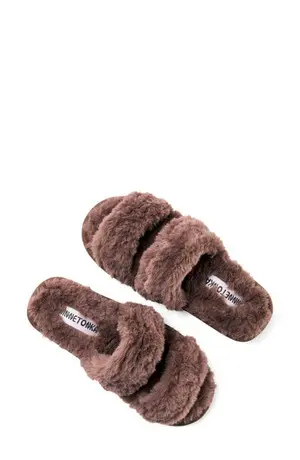 Minnetonka Teddy Faux Fur Two Band Slipper - Chocolate