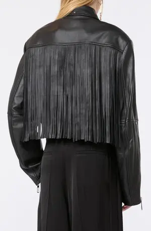 Sportmax Vicario Leather Crop Jacket With Fringe