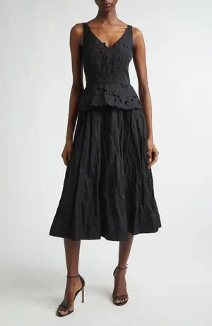 JASON WU Floral Embroidered Crinkled Peplum Midi Dress - Black