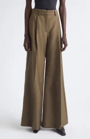 HEIRLOME Laurence Pleated Wool & Silk Wide Leg Trousers - Olive
