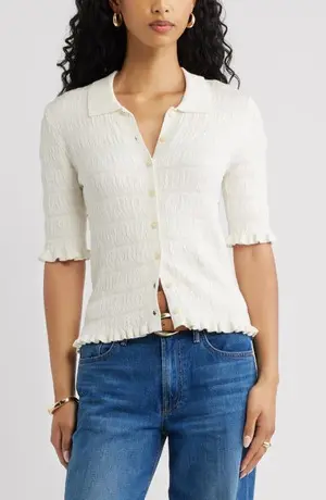 OPEN EDIT Textured Short Sleeve Cardigan - Ivory