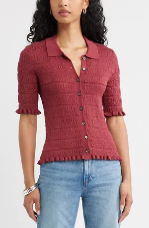 OPEN EDIT Textured Short Sleeve Cardigan - Red Ruby