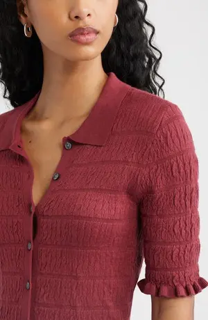OPEN EDIT Textured Short Sleeve Cardigan - Red Ruby