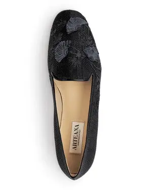 ARTEANA Flora Embroidered Raffia Smoking Slippers - Black