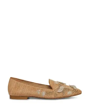 ARTEANA Flora Embroidered Raffia Smoking Slippers - Camel