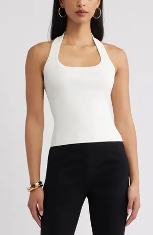 OPEN EDIT Ribbed Halter Neck Sweater Top - Ivory