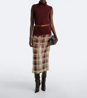FRAME Check Silk Midi Skirt