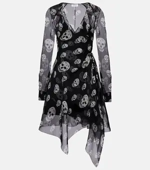 Alexander McQueen Skull Asymmetric Silk Chiffon Wrap Dress - Black
