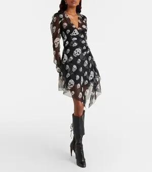 Alexander McQueen Skull Asymmetric Silk Chiffon Wrap Dress