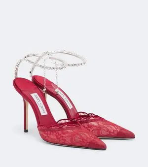 JIMMY CHOO Saeda Embellished Lace Pumps - Red