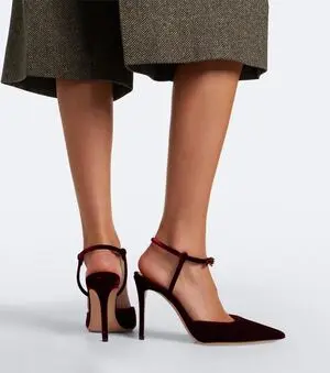 GIANVITO ROSSI Velvet Pumps With Ankle Strap - Burgundy