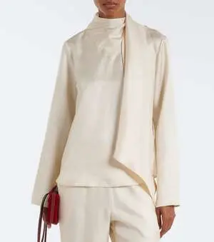 Loulou De Saison Gala Draped Scarf-detail Silk Twill Top - Beige
