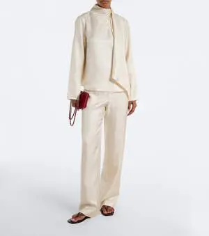 Loulou De Saison Gala Draped Scarf-detail Silk Twill Top - Beige