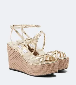JIMMY CHOO Nyra Braided Leather Espadrille Wedges - Gold
