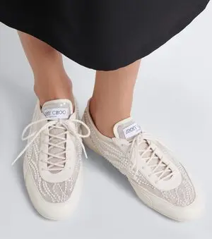 JIMMY CHOO Suede-trimmed Embellished Sneakers - White