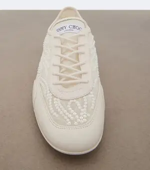 JIMMY CHOO Suede-trimmed Embellished Sneakers - White