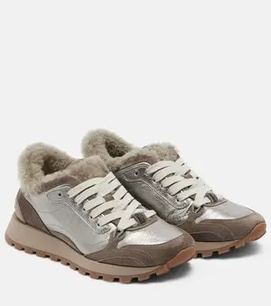 Brunello Cucinelli Monili Shearling-trimmed Leather Sneakers - Beige