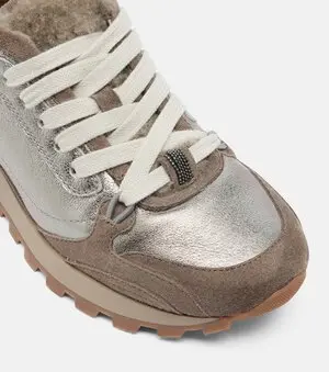 Brunello Cucinelli Monili Shearling-trimmed Leather Sneakers - Beige