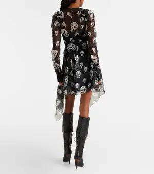 Alexander McQueen Asymmetrical Skull Print Silk Chiffon Wrap Dress