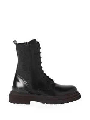 Brunello Cucinelli Matte Calfskin And Virgin Wool Flannel Lace-up Boots With Monili Detail - Black