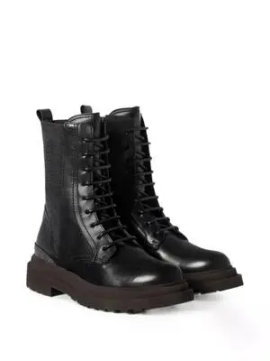 Brunello Cucinelli Matte Calfskin And Virgin Wool Flannel Lace-up Boots With Monili Detail - Black