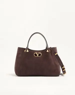 Valentino Garavani Small Shopping Bag In Soft Suede With Maxi Studs - Ebony