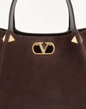 Valentino Garavani Small Shopping Bag In Soft Suede With Maxi Studs - Ebony