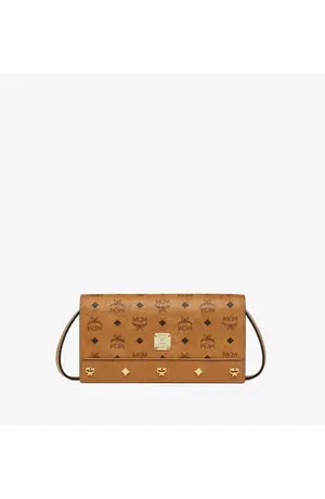 Mcm Large Pina Crossbody Wallet In Studded Visetos - Cognac