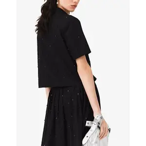 Maje Rhinestone Beaded Short Sleeve Cotton Shirt
