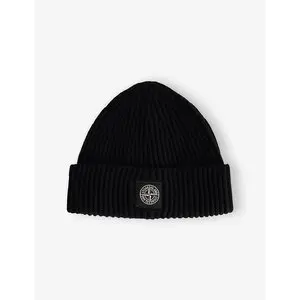 Stone Island Logo-patch Ribbed Wool Beanie Hat - Black