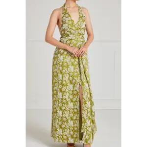 TEMPERLEY LONDON Halterneck Maxi Dress With Anemone Jacquard - Chartreuse