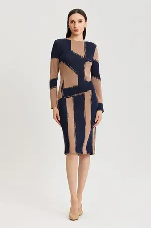 Ming Wang Brushstroke Soft Knit Sheath Dress - Warm Taupe/indigo