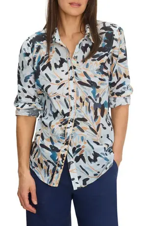 NIC+ZOE Abstract Floral Print Embroidered Cotton Button-up Top - Blue Multi