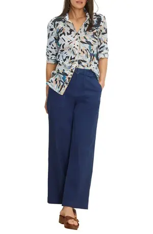 NIC+ZOE Abstract Floral Print Embroidered Cotton Button-up Top