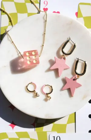 NICKEL & SUEDE Gold Plated Brass Dice Charm Necklace - Pink/silver